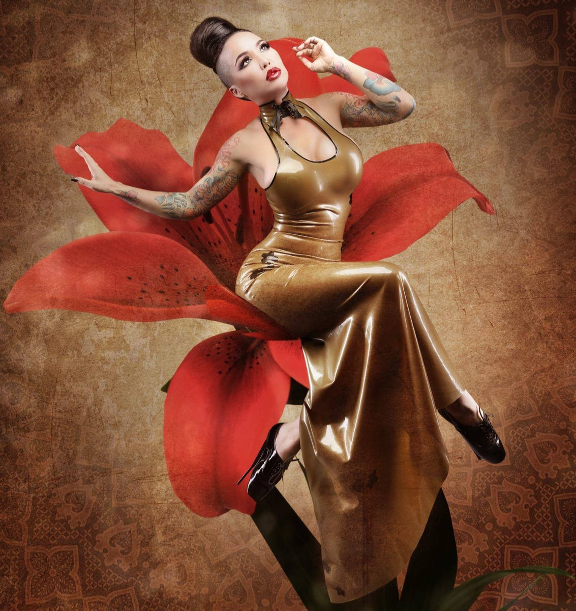 Latex Long Fishtail High Collar Cherry Blossom Dress – Black Sheep Latex